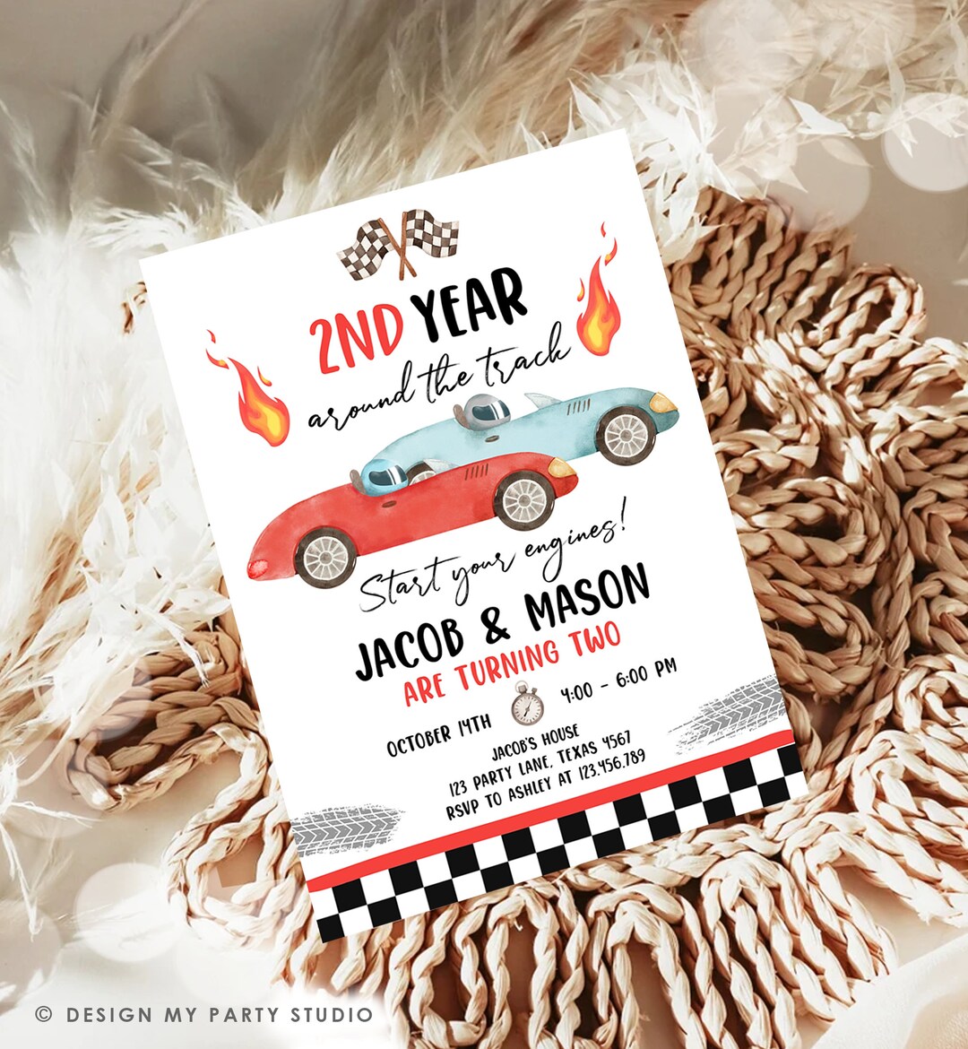 Editable 2nd Year Around the Track Birthday Invitation Twins Boys Red ...
