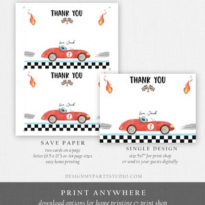 Editable Race Car Thank You Card Two Fast Birthday Boy Red Racing Car ...