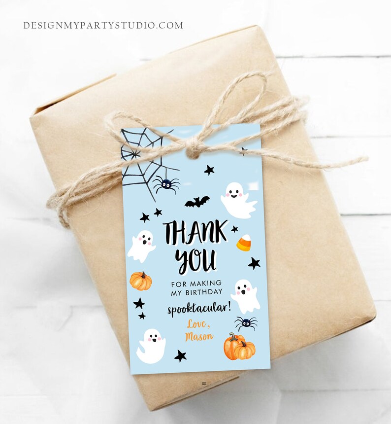 Editable Halloween Birthday Thank You Favor Tags Costume Party Boy Blue ...