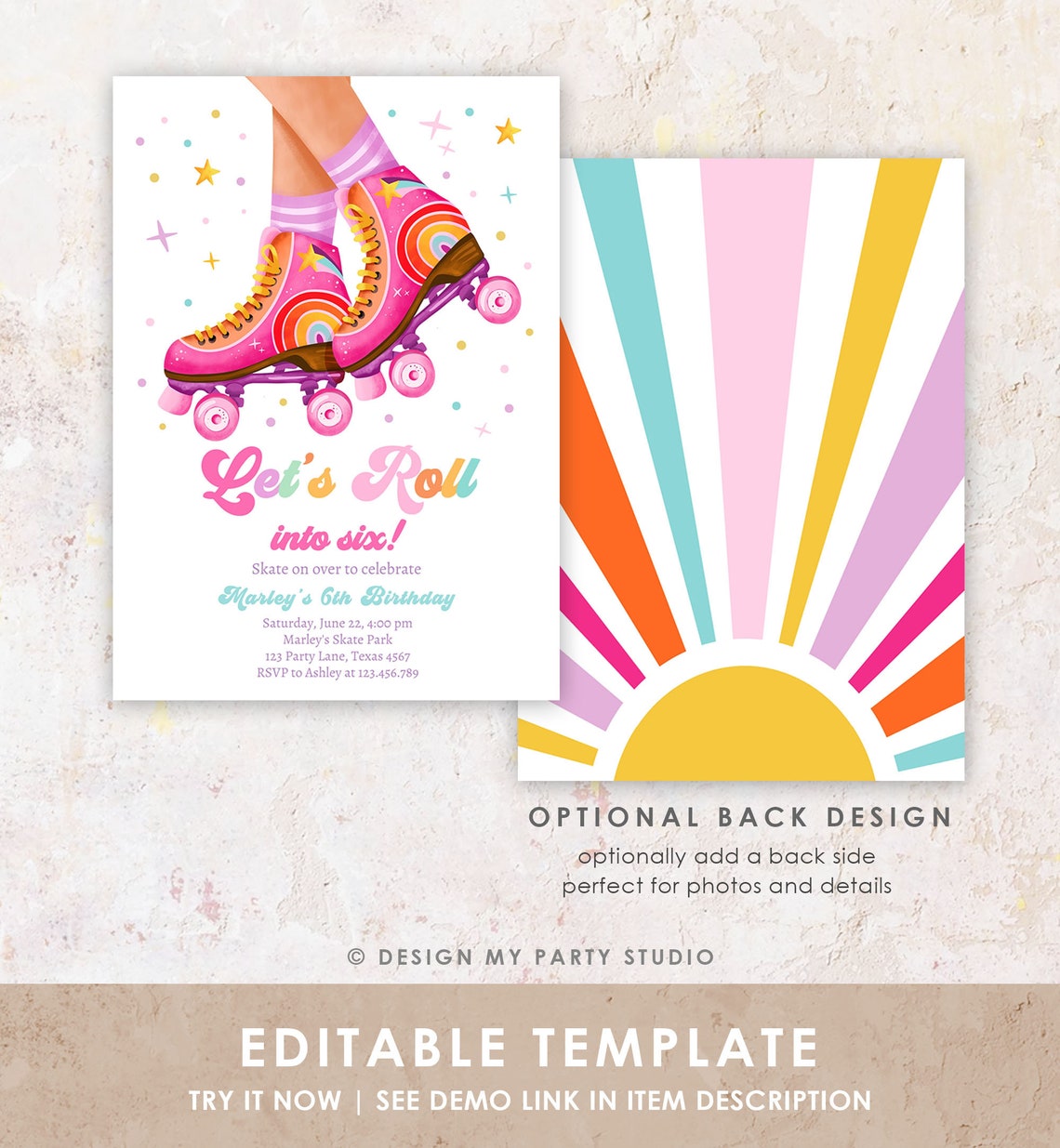 Editable Roller Skate Birthday Party Invitation Let's Roll Skating Kids ...
