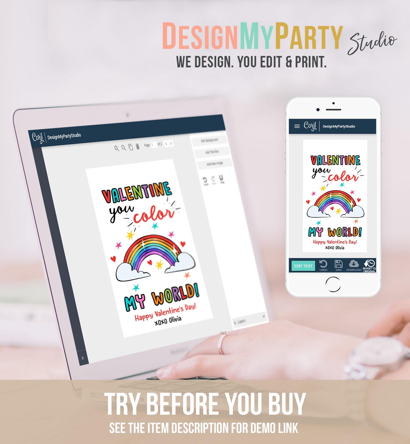 Editable Rainbow Valentine's Day Gift Tag You Color My World Valentine ...