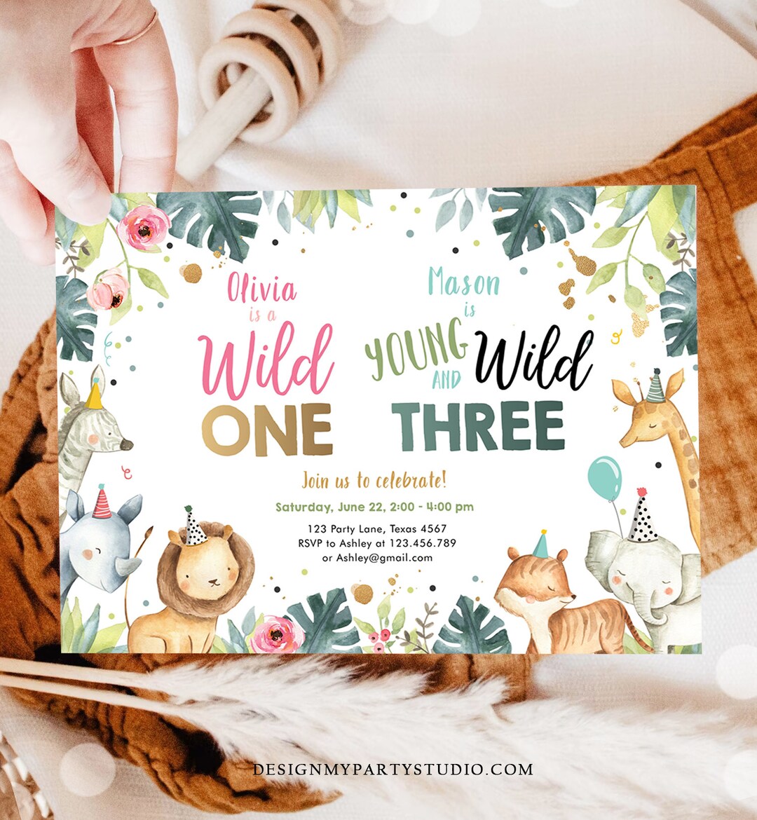 Editable Safari Animals Joint Birthday Invitation Boy Girl Wild One and ...