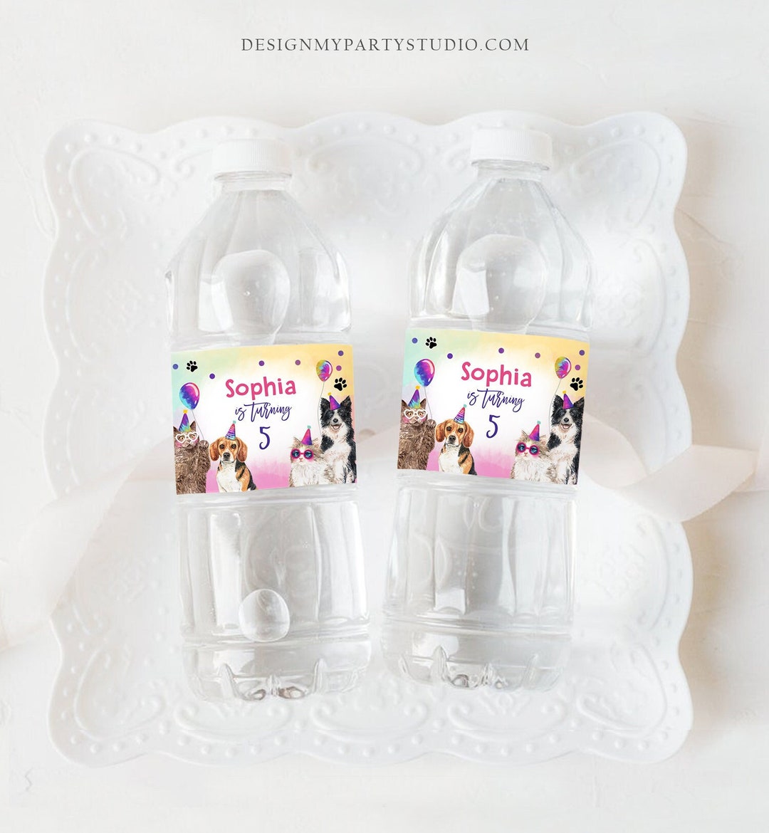 Editable Cats and Dogs Water Bottle Labels Dog Birthday Puppy Party ...