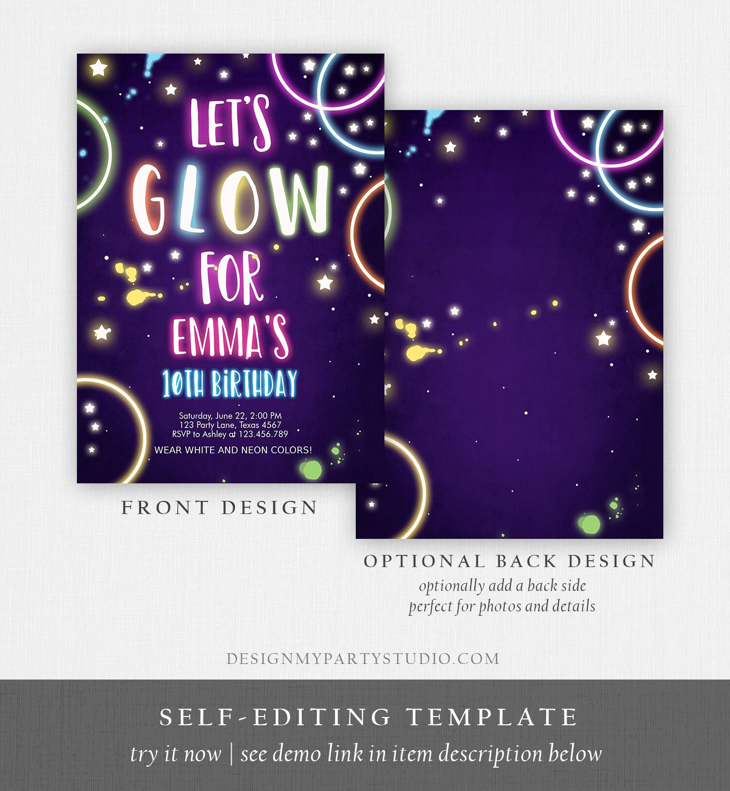 Editable Glow Birthday Invitation Glow Party Invite Neon Glow - Etsy
