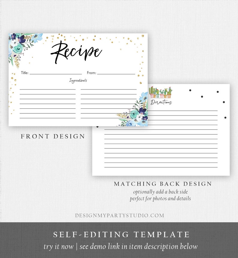 Editable Blue Floral Recipe Cards Travel Brunch and Bubbly - Etsy