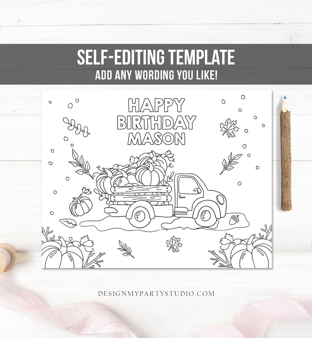 Editable Coloring Page Pumpkin Truck Birthday Party Activity Game ...