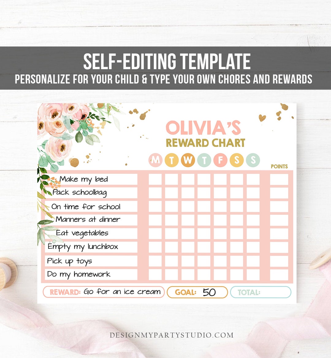 Editable Floral Reward Chart for Girls Printable Floral Chore Chart for ...