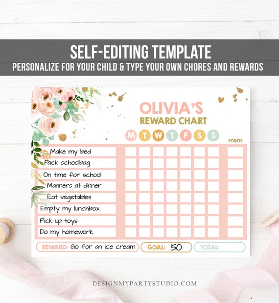 Editable Floral Reward Chart for Girls Printable Floral Chore Chart for ...