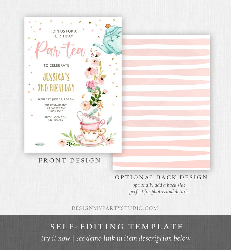 Editable Tea Birthday Invitation Girl Par-tea Invite Virtual - Etsy