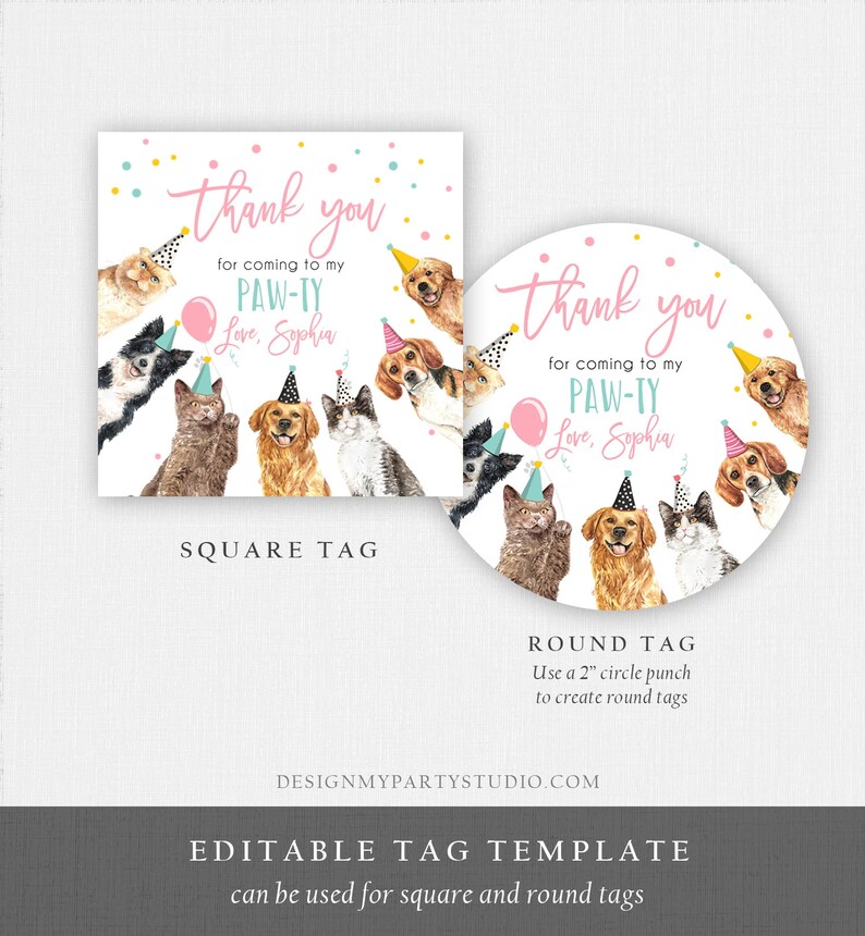 Editable Cats and Dogs Favor Tags Puppy Kitten Birthday Thank | Etsy