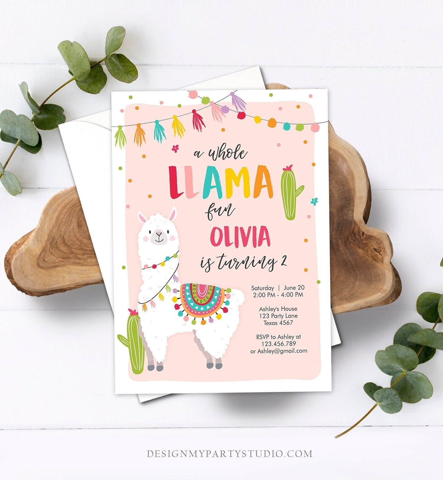 Editable Whole Llama Fun Birthday Invitation Llama Cactus Girl Alpaca ...
