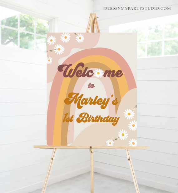 Editable Groovy Birthday Welcome Sign Floral Boho Birthday Welcome ...