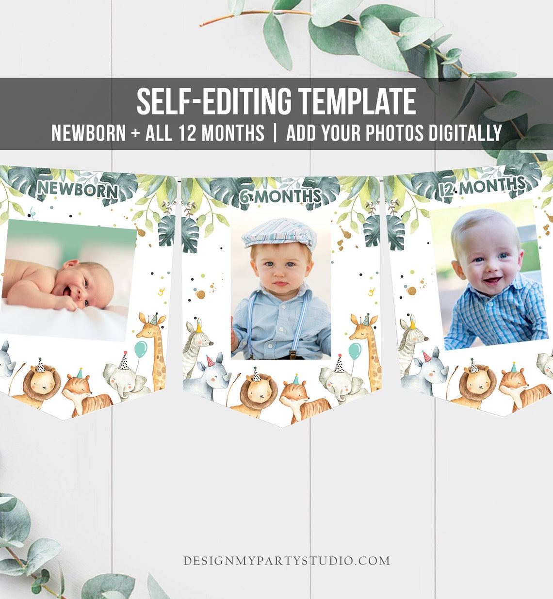 Editable Safari Animals Monthly First Birthday Banner Photo - Etsy