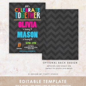 Editable Siblings Birthday Invitation Twins Birthday Party Dual Joint ...