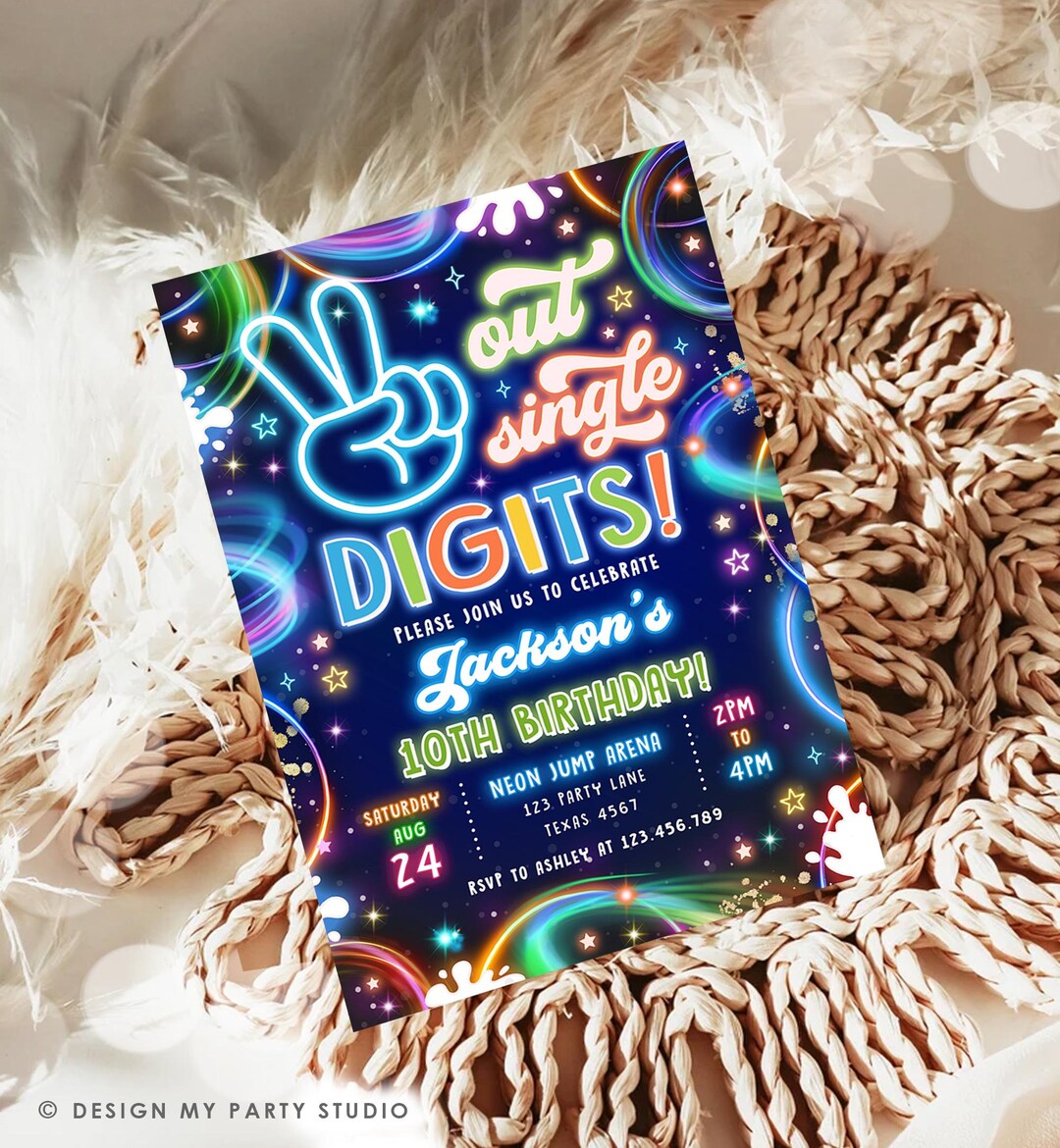 Editable Peace Out Single Digits Birthday Invitation Neon Glow Disco ...