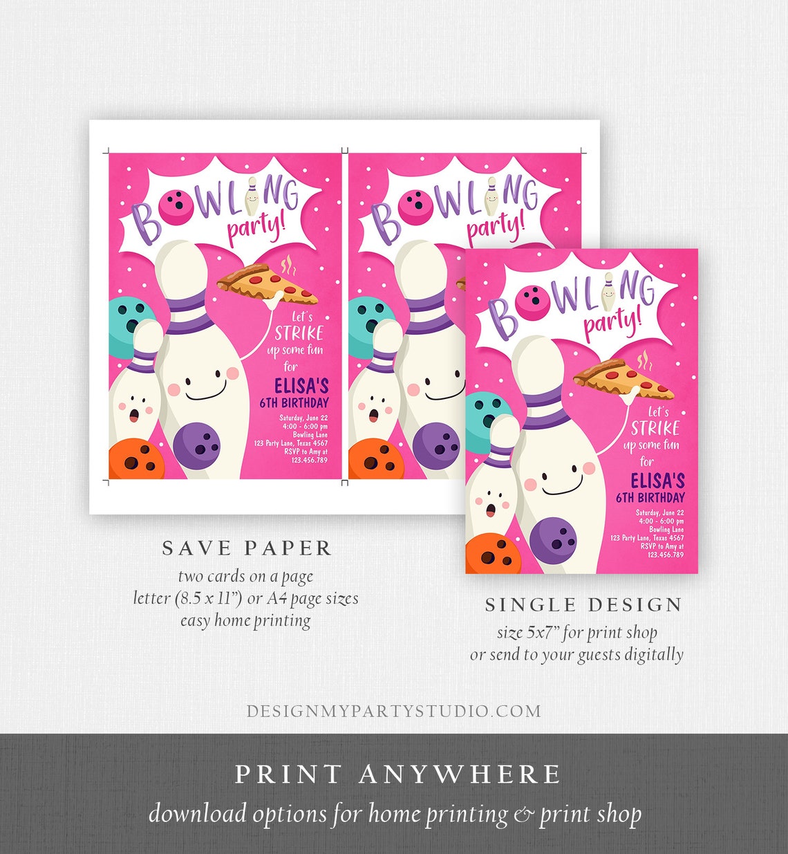 Editable Bowling Birthday Invitation Strike up Some Fun Girl Bowling ...