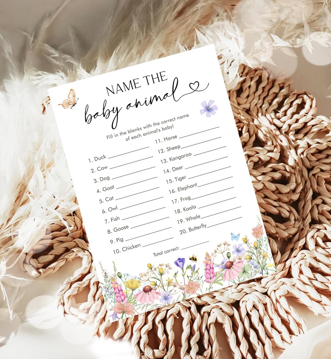Editable Name the Baby Animal Game Card Wildflowers Baby Shower Baby ...