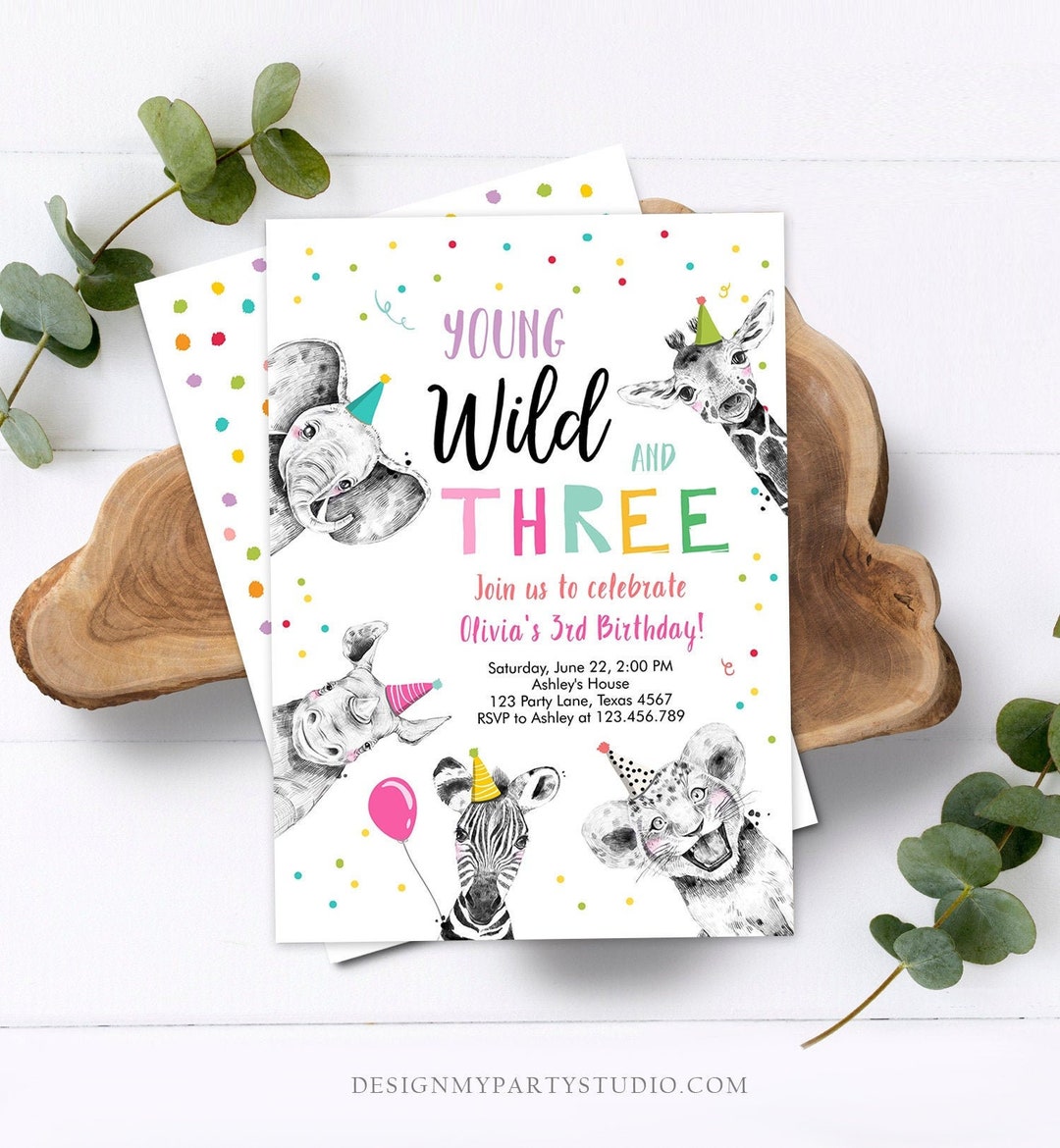 Editable Young Wild and Three Birthday Invitation Girl Pink and Gold ...