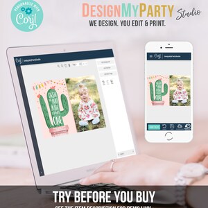 Editable Cactus Fiesta Birthday Invitation Girl Pink First Birthday ...