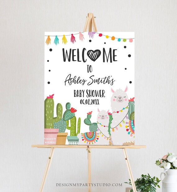 Editable Llama Fiesta Welcome Sign Baby Shower Cactus Mexican Succulent ...