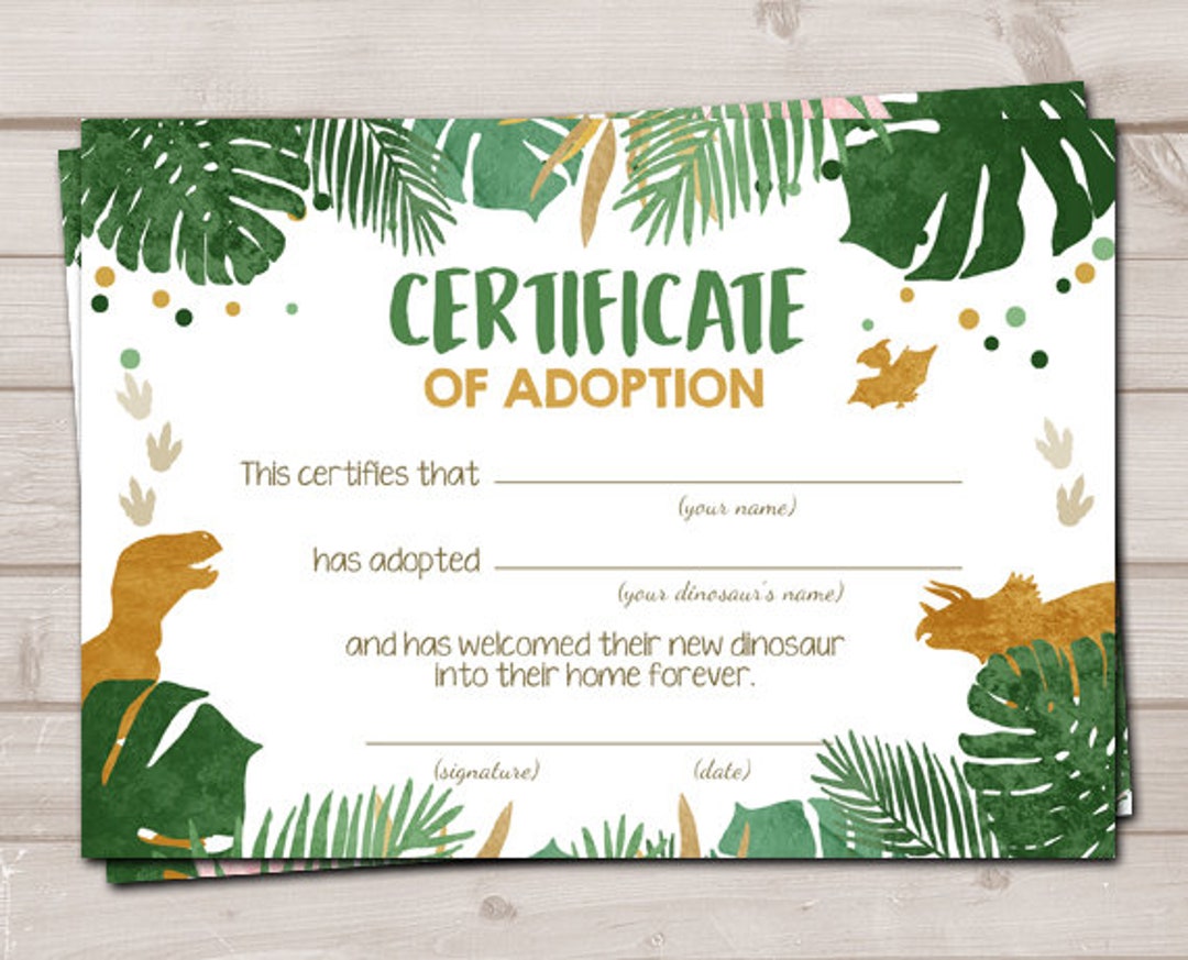 Dinosaur Adoption Certificate Dinosaur Adoption Dinosaur Birthday Dino ...