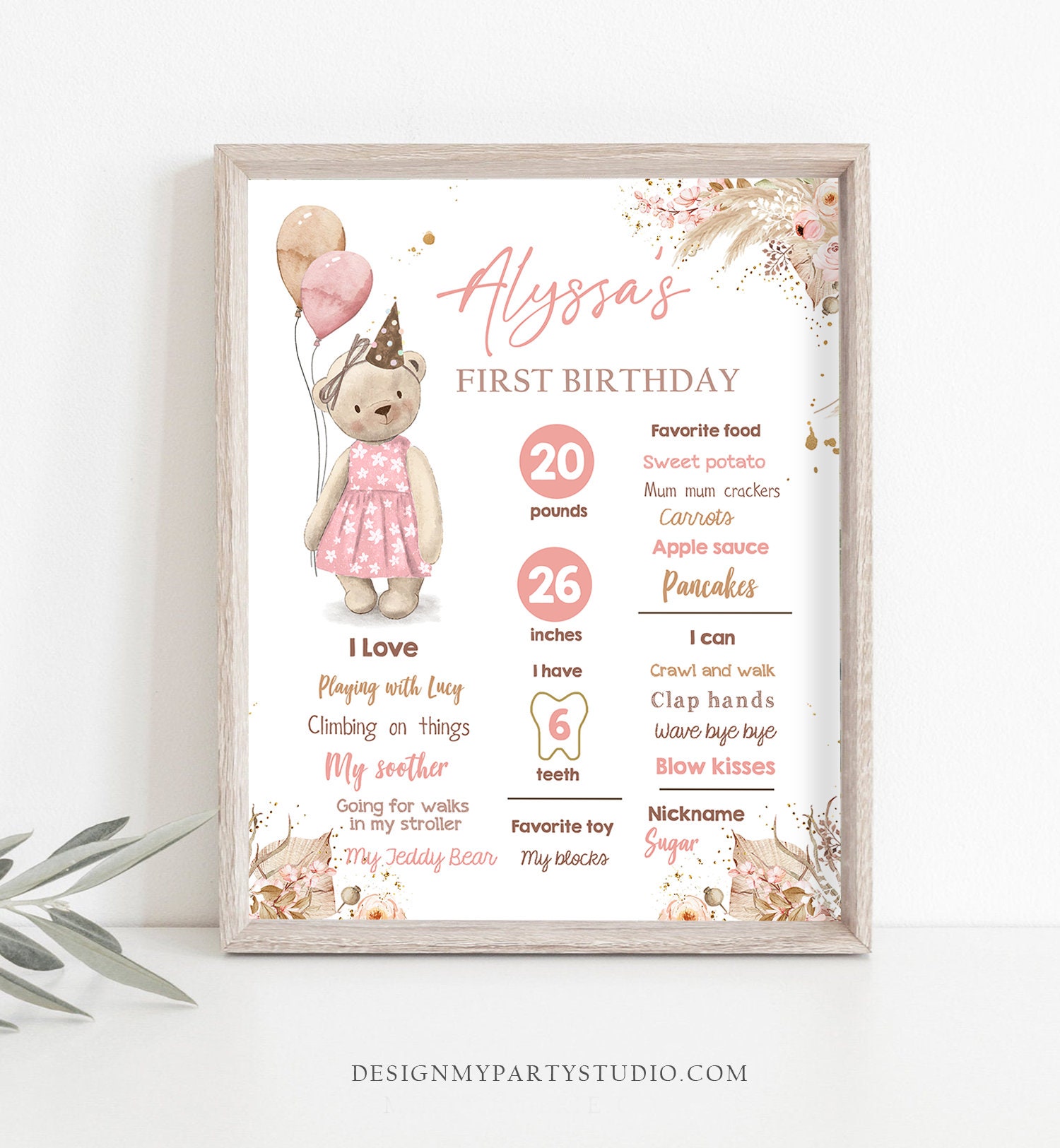 Editable Teddy Bear 1st Birthday Milestones Sign Girl Teddy - Etsy