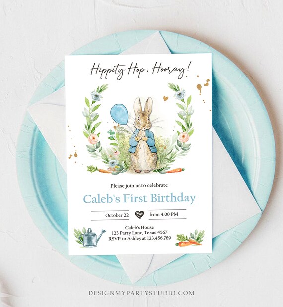 Editable Peter Rabbit Birthday Invitation Boy Blue Rustic Peter Rabbit ...