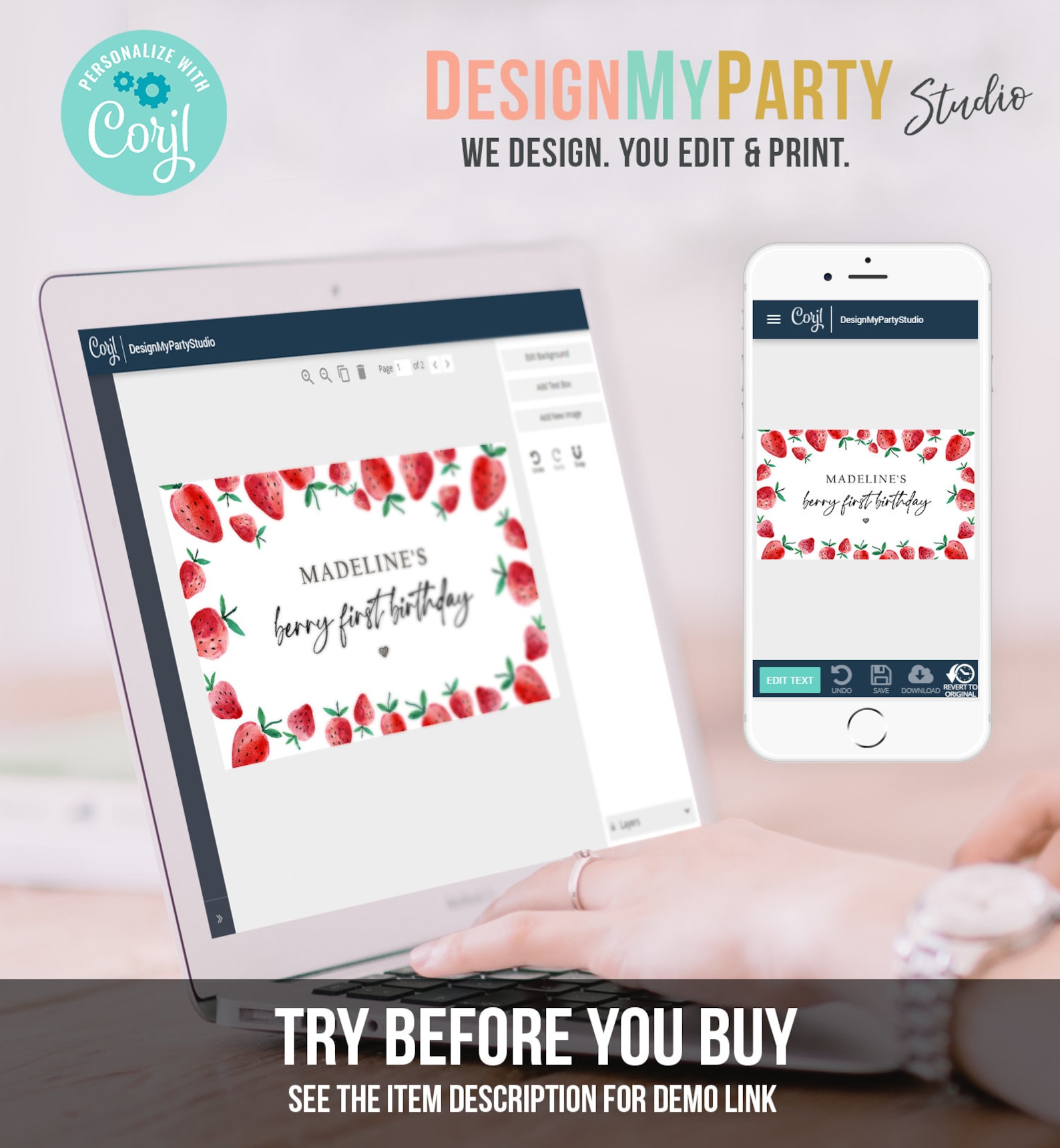 Editable Strawberry Backdrop Banner Strawberry Berry First Birthday ...