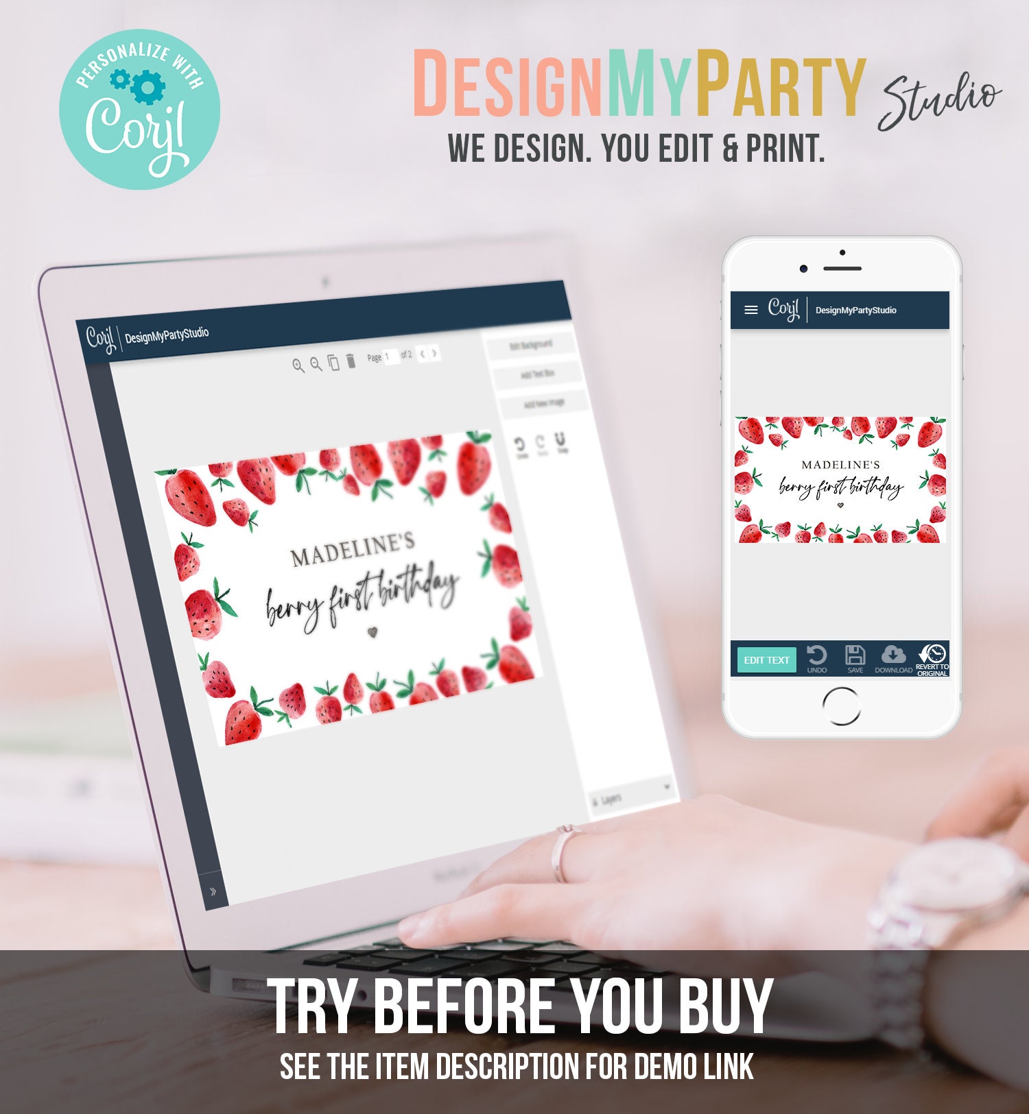 Editable Strawberry Backdrop Banner Strawberry Berry First Birthday ...