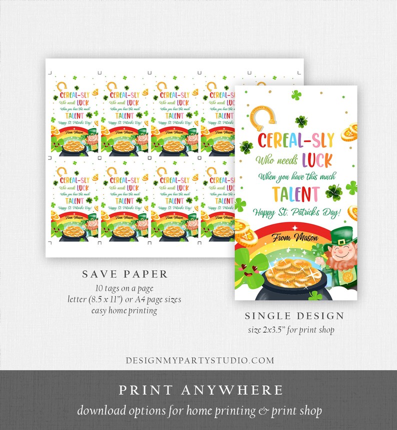 Editable St. Patrick's Day Tag Cerealsly Lucky Favor Rainbow Favor Tag ...