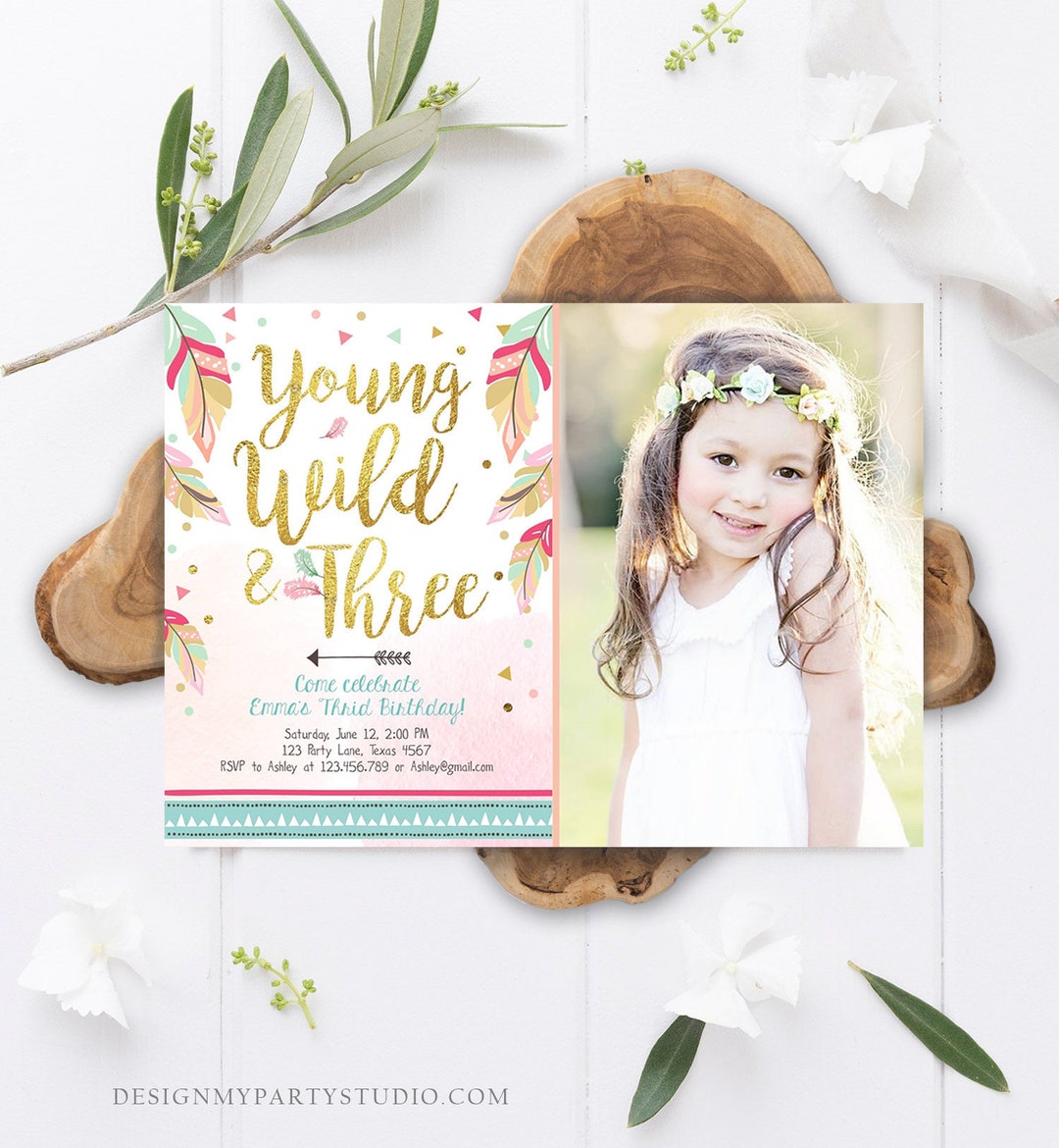 Editable Young Wild and Three Invitation Girl Pink Gold Third Birthday ...