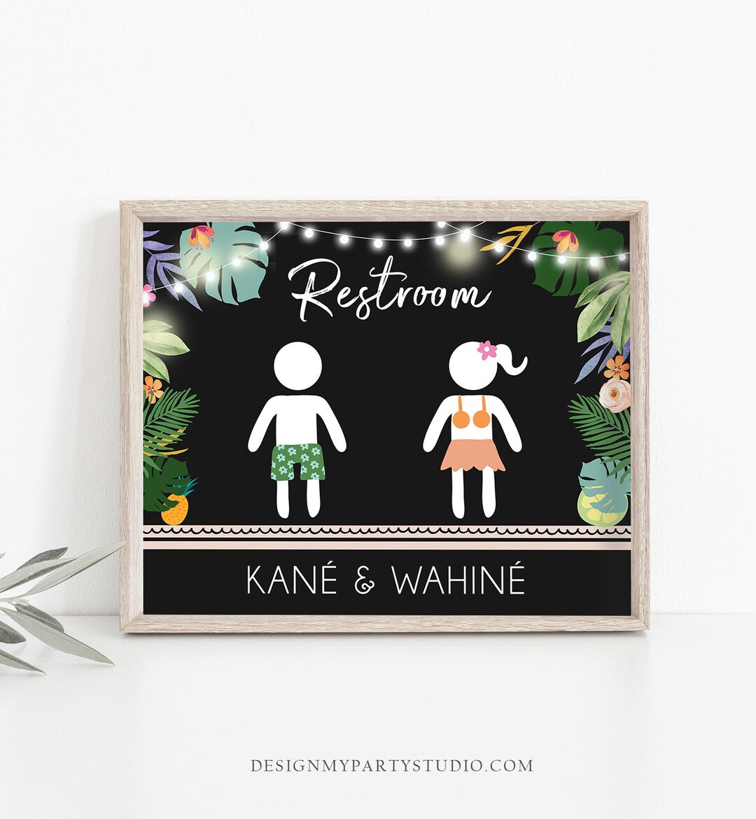 Restroom Sign Hawaiian Luau Birthday Sign Black Tropical Toilet Sign ...