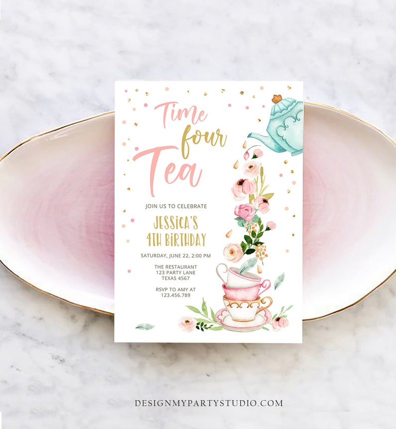 Editable Tea Party Birthday Invitation Four Par-tea Birthday - Etsy
