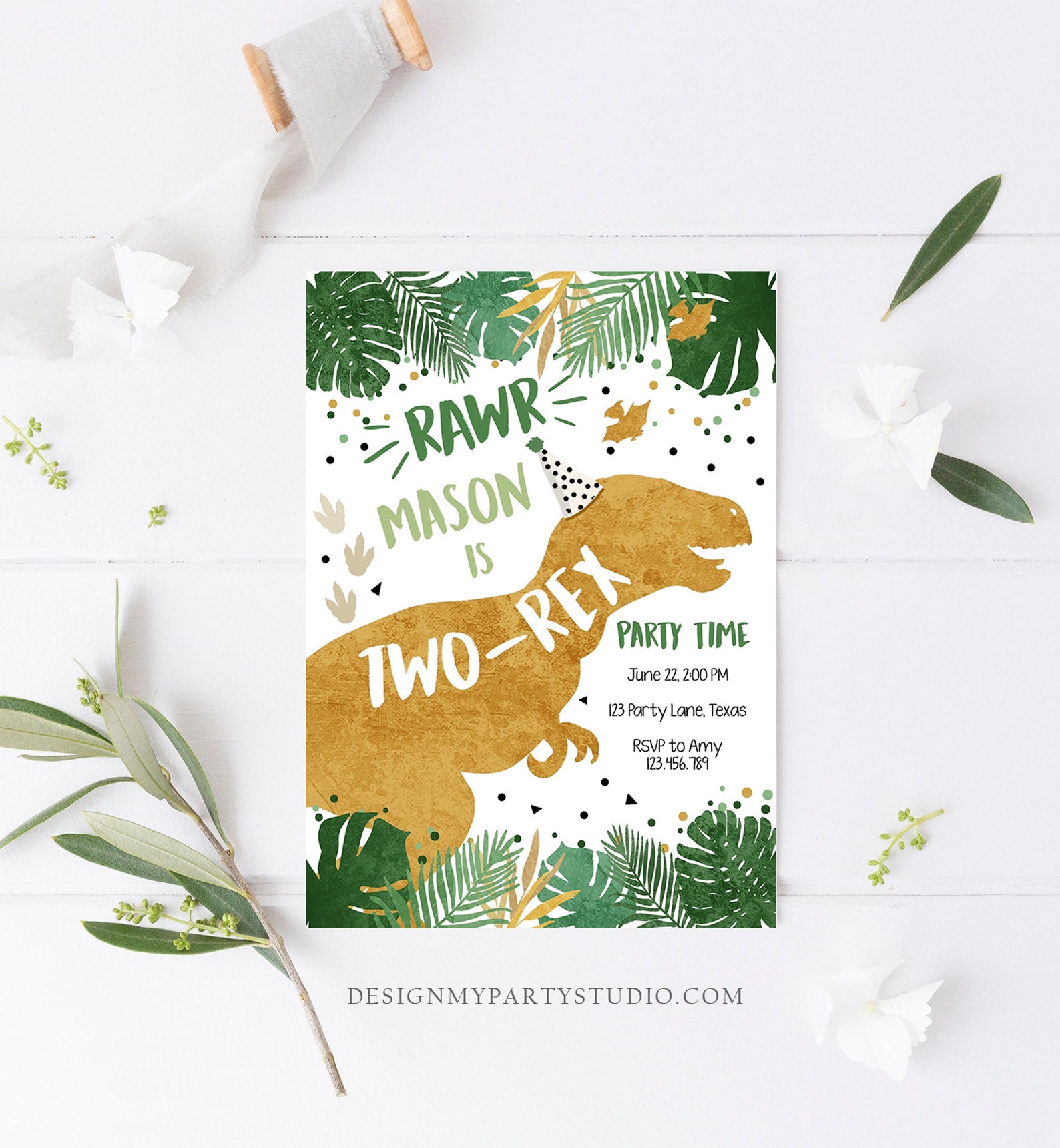 Editable Two-rex Dinosaur Birthday Invitation Dino T-rex Boy - Etsy