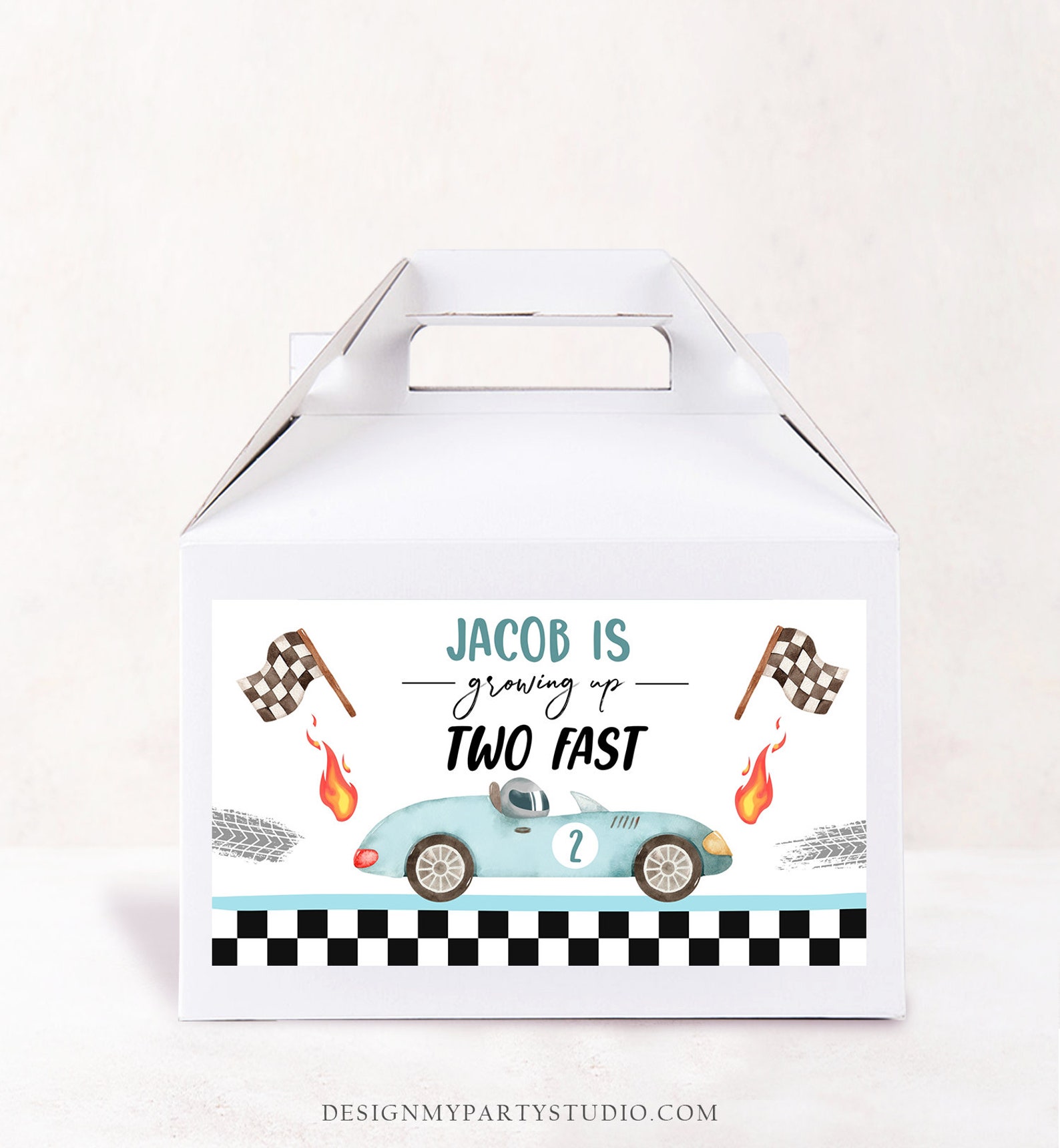 Editable Growing up Two Fast Gable Box Favor Blue Race Car Birthday ...
