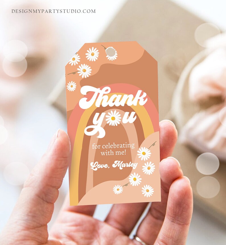 Editable Retro Daisy Favor Tags 1st 2nd Groovy Birthday Thank - Etsy