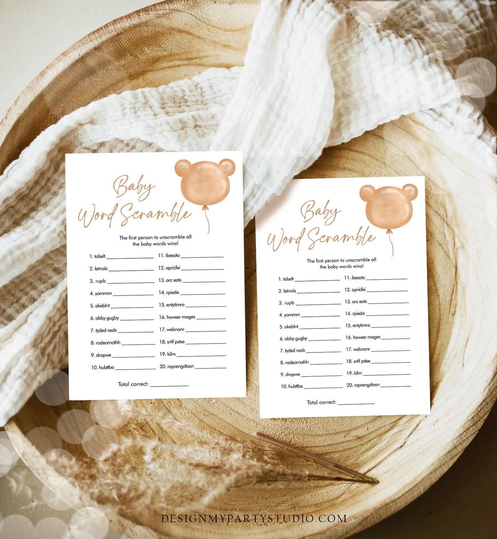 Editable Word Scramble Baby Shower Game Modern Bear Cute Teddy Bear ...