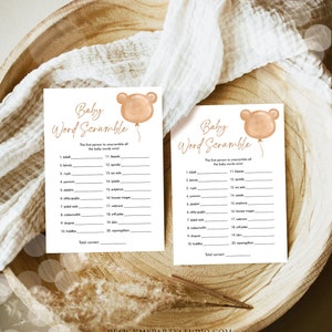 Editable Word Scramble Baby Shower Game Modern Bear Cute Teddy Bear Baby Shower Boho Bearly Wait ...