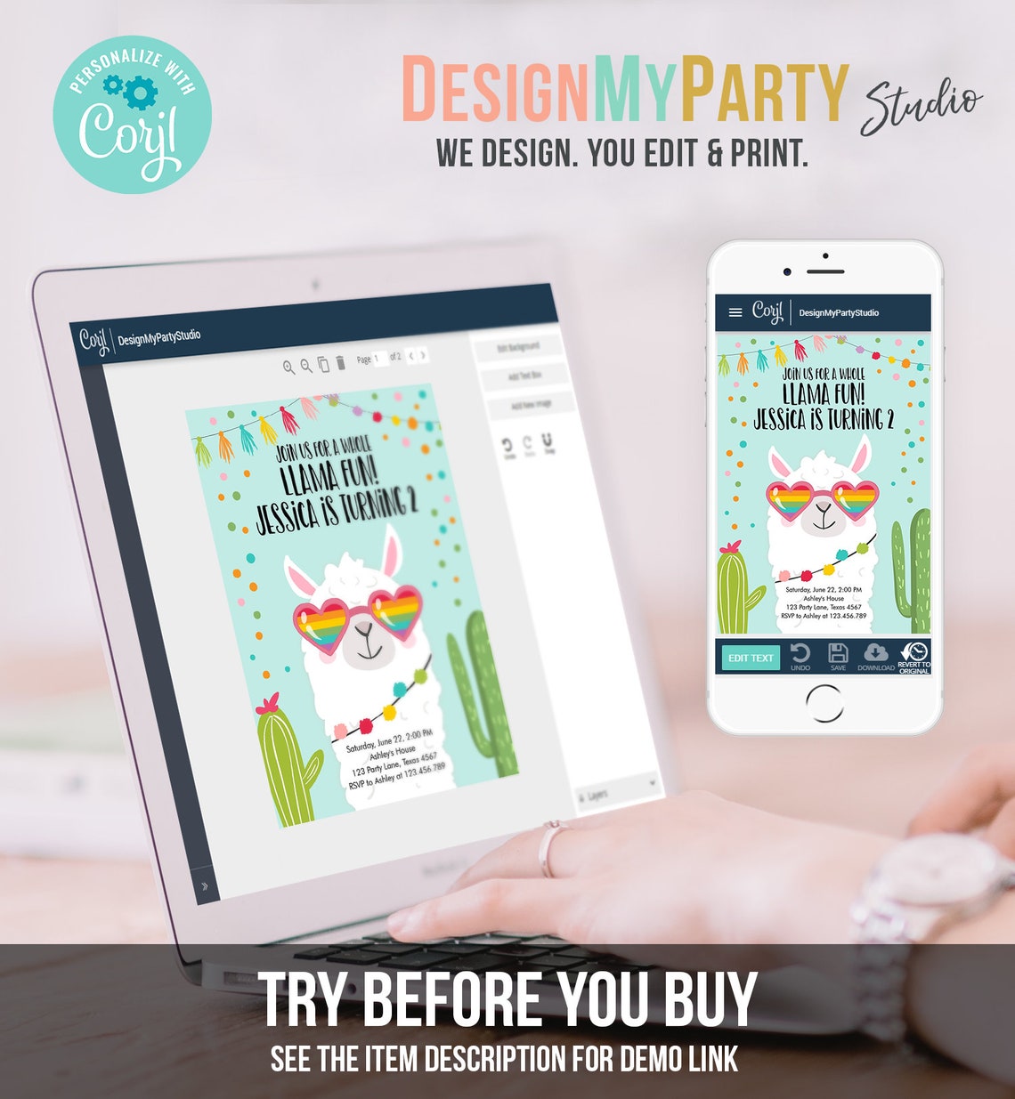 Editable Whole Llama Fun Birthday Invitation Llama Fiesta Cactus ...