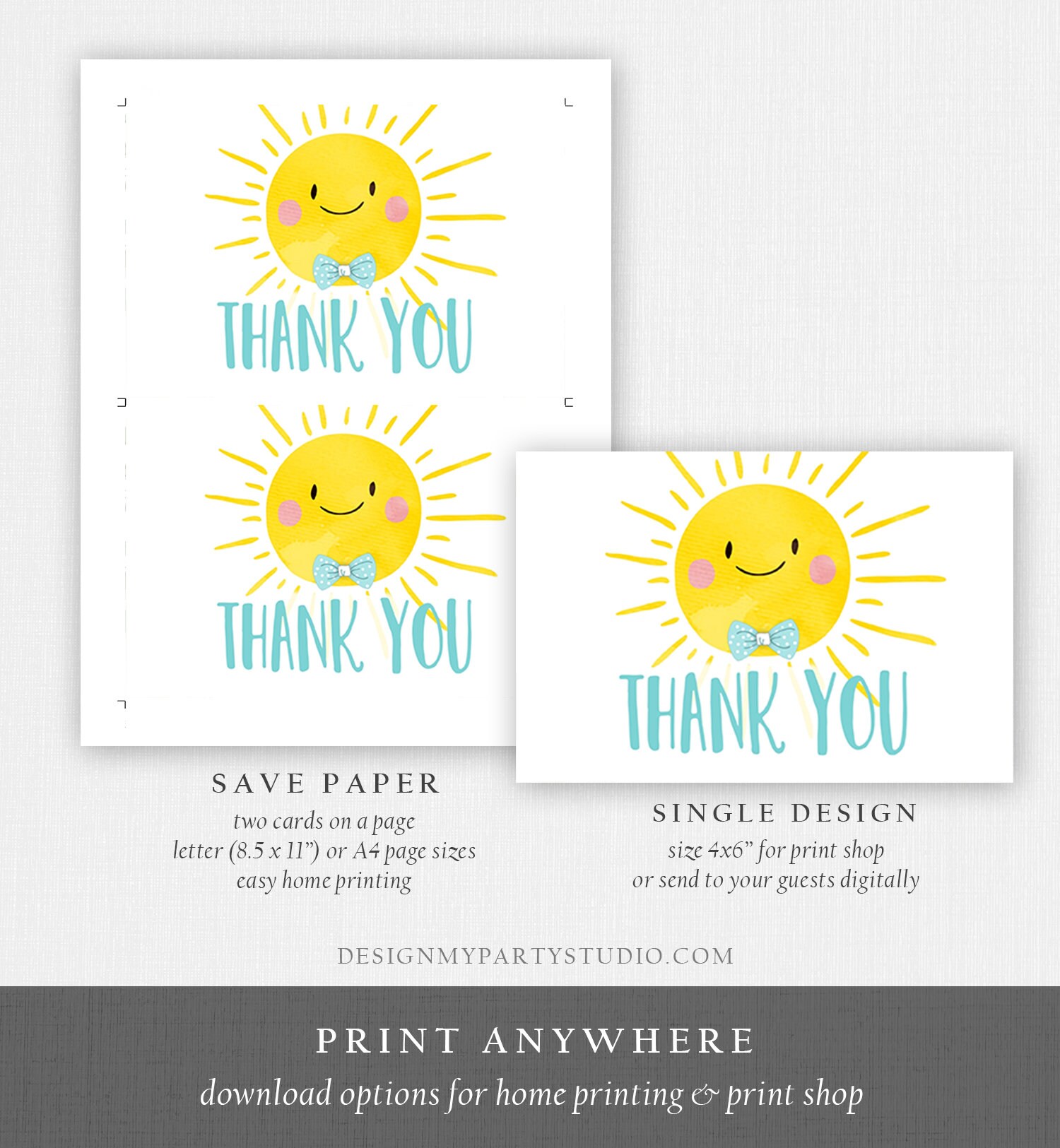 Editable Little Sunshine Thank You Card Birthday Party Blue | Etsy