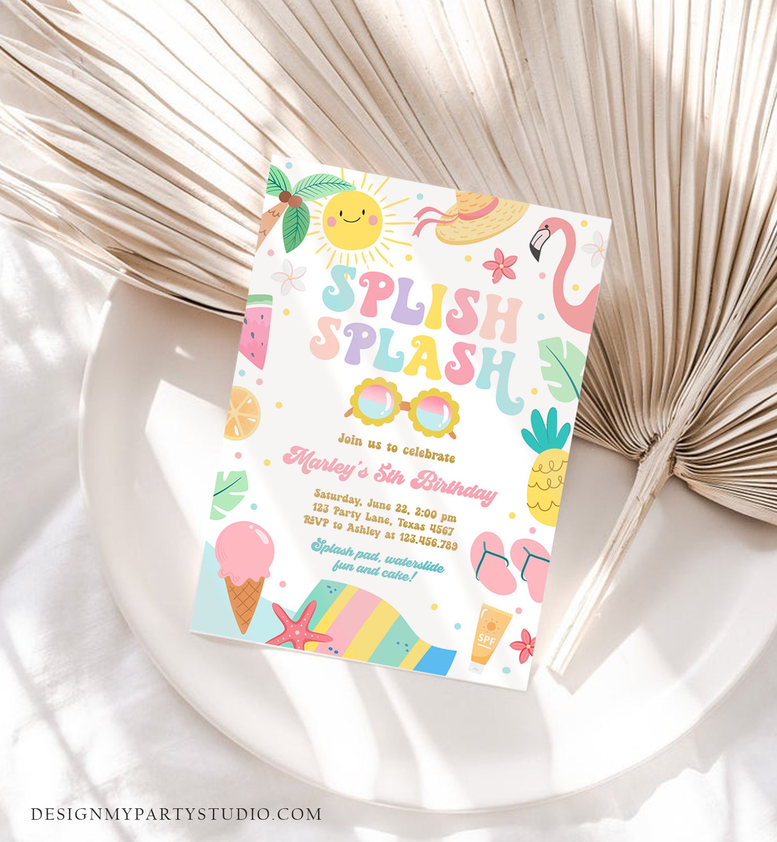 Editable Splish Splash Birthday Invitation Pool Party Girl Summer ...