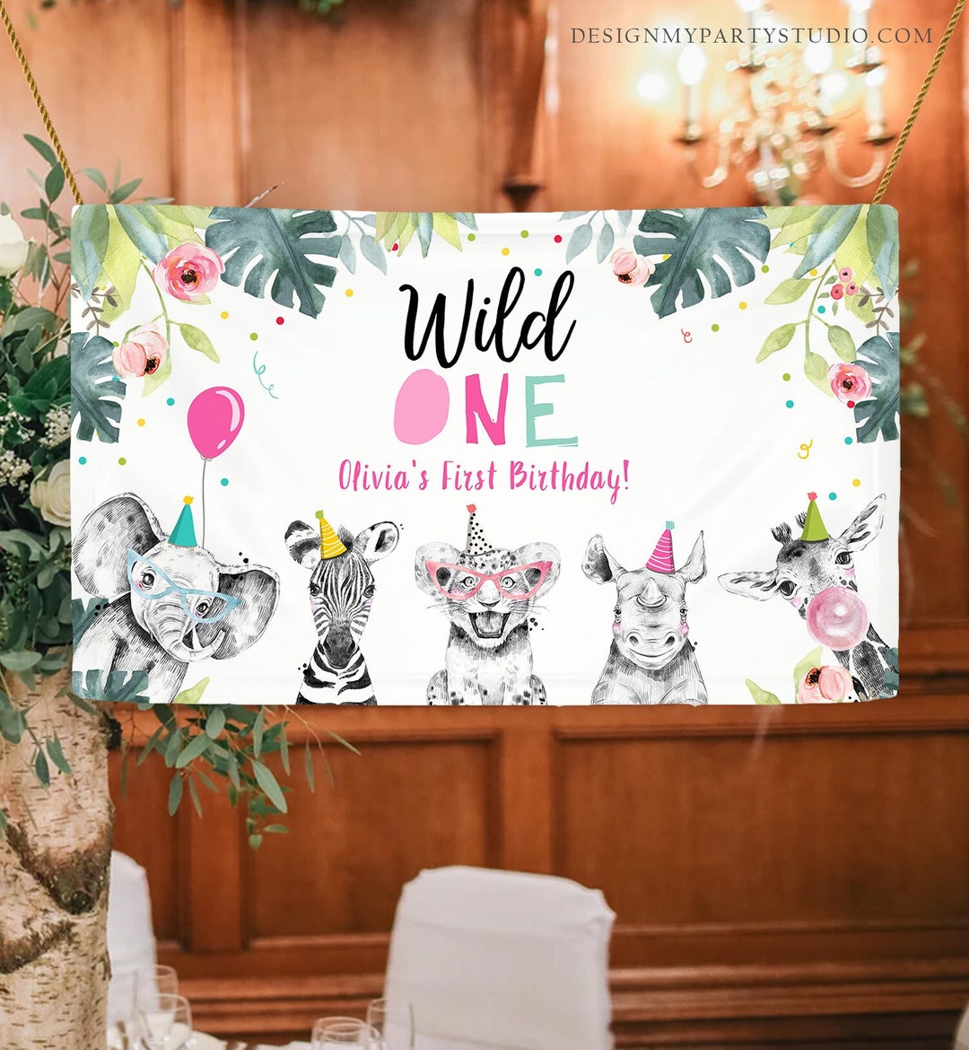 Editable Party Animals Birthday Backdrop Banner Safari Animals Wild One ...