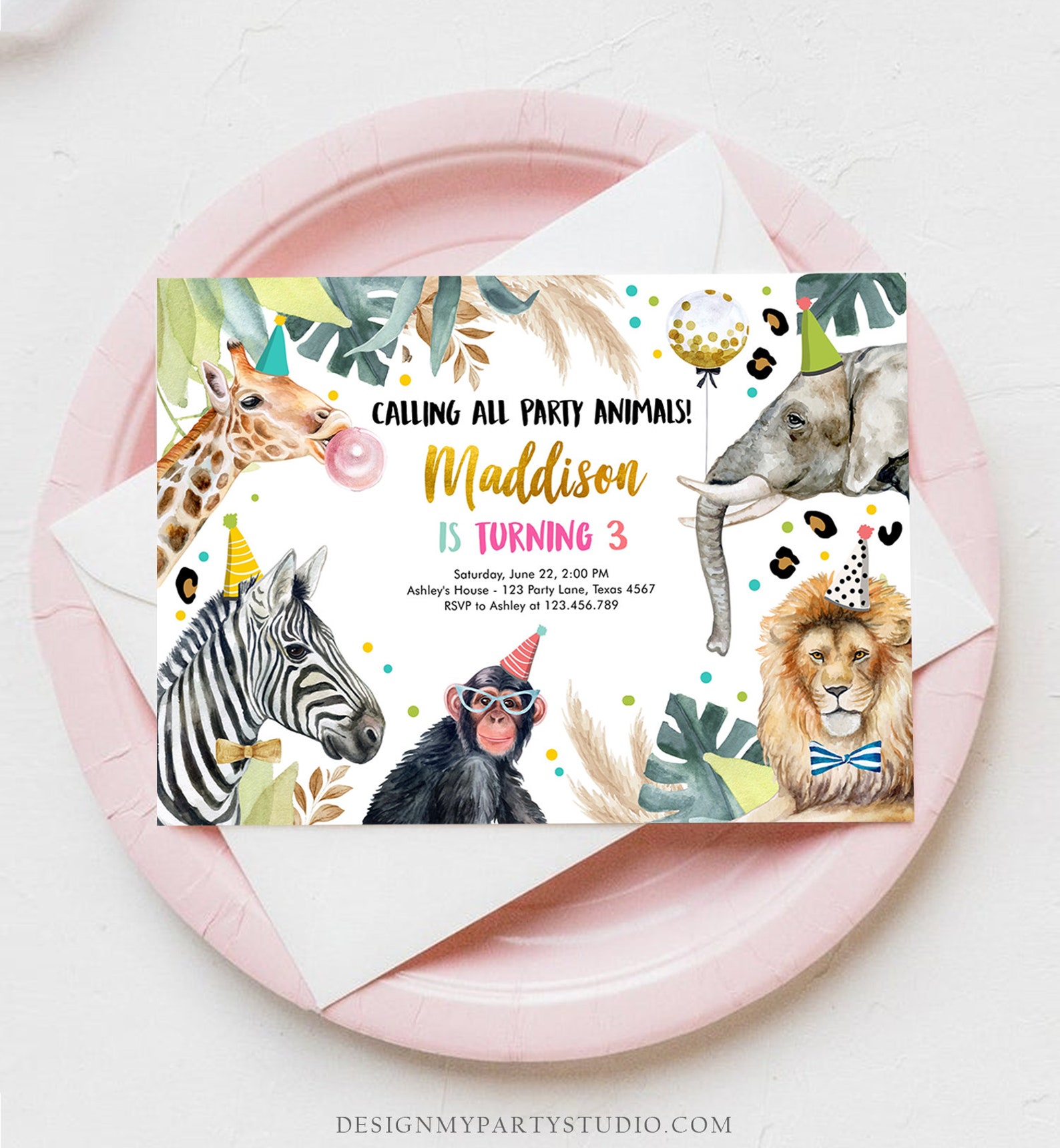Editable Party Animals Birthday Invitation Wild One Animals Invitation ...