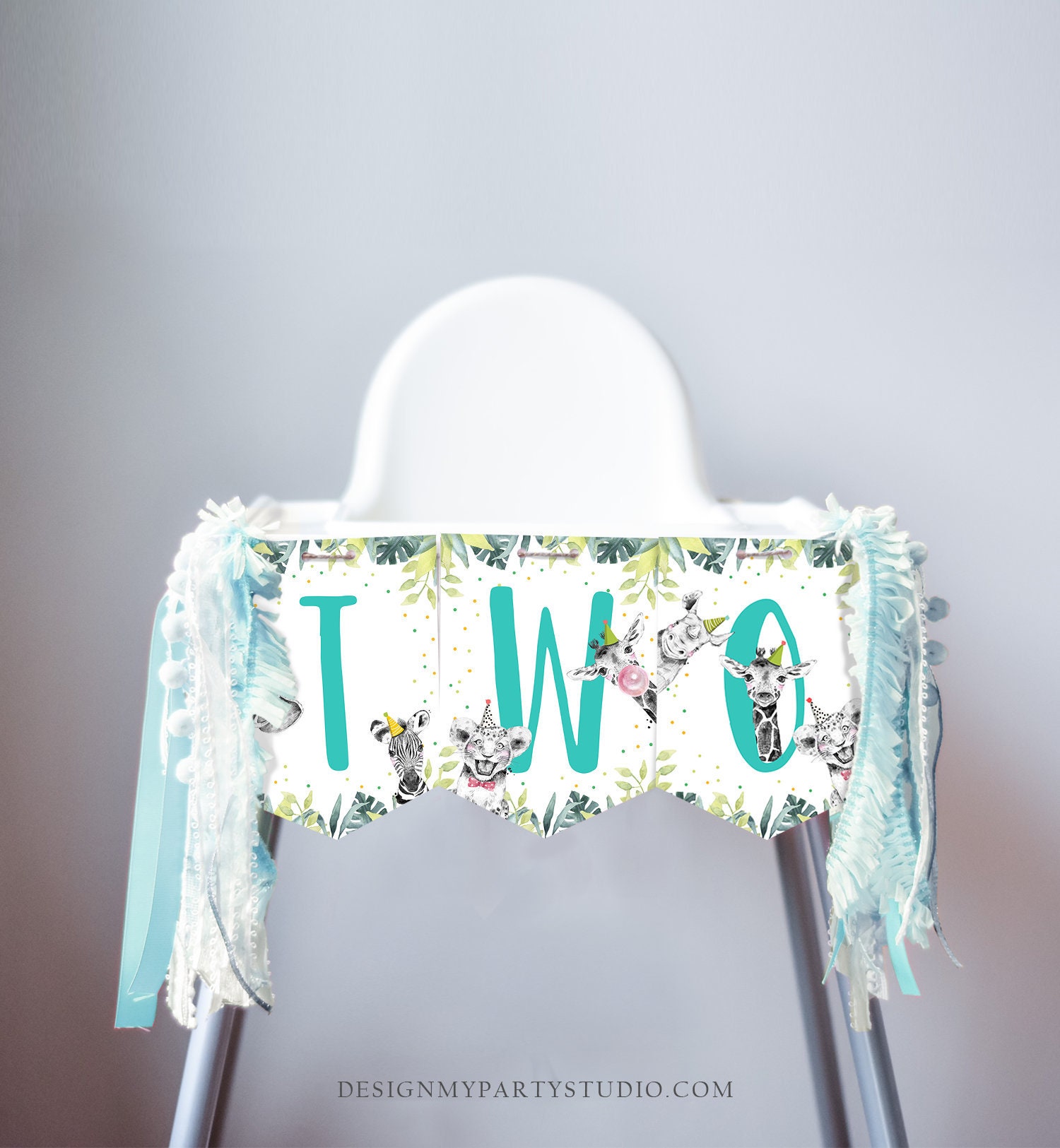 High Chair Banner Safari Animals Blue Party Animals Two Wild | Etsy