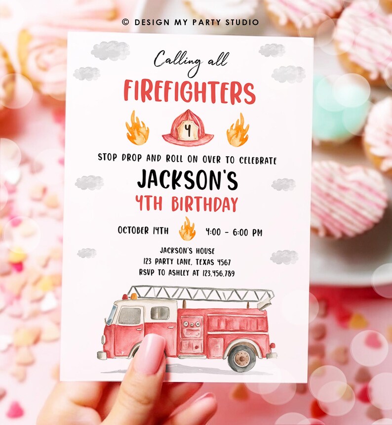 Editable Calling All Firefighters Birthday Invitation Firetruck Fire ...