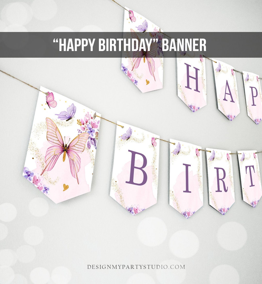 Happy Birthday Banner Butterfly Birthday Banner Floral Flowers Pink ...