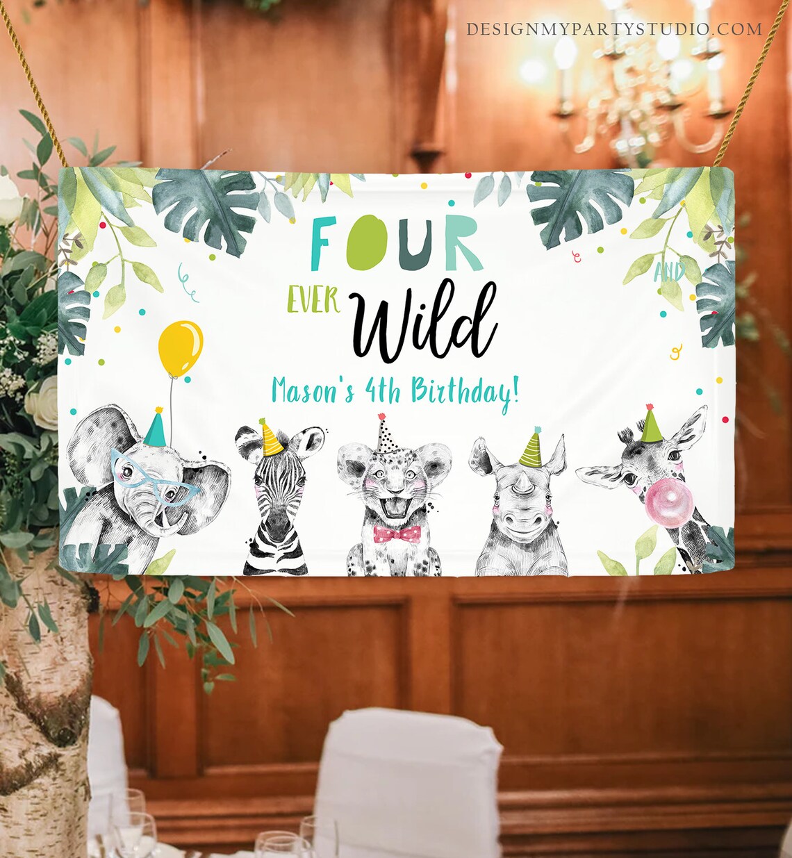 Editable Four Ever Wild Party Animals Backdrop Banner Fourth Birthday ...
