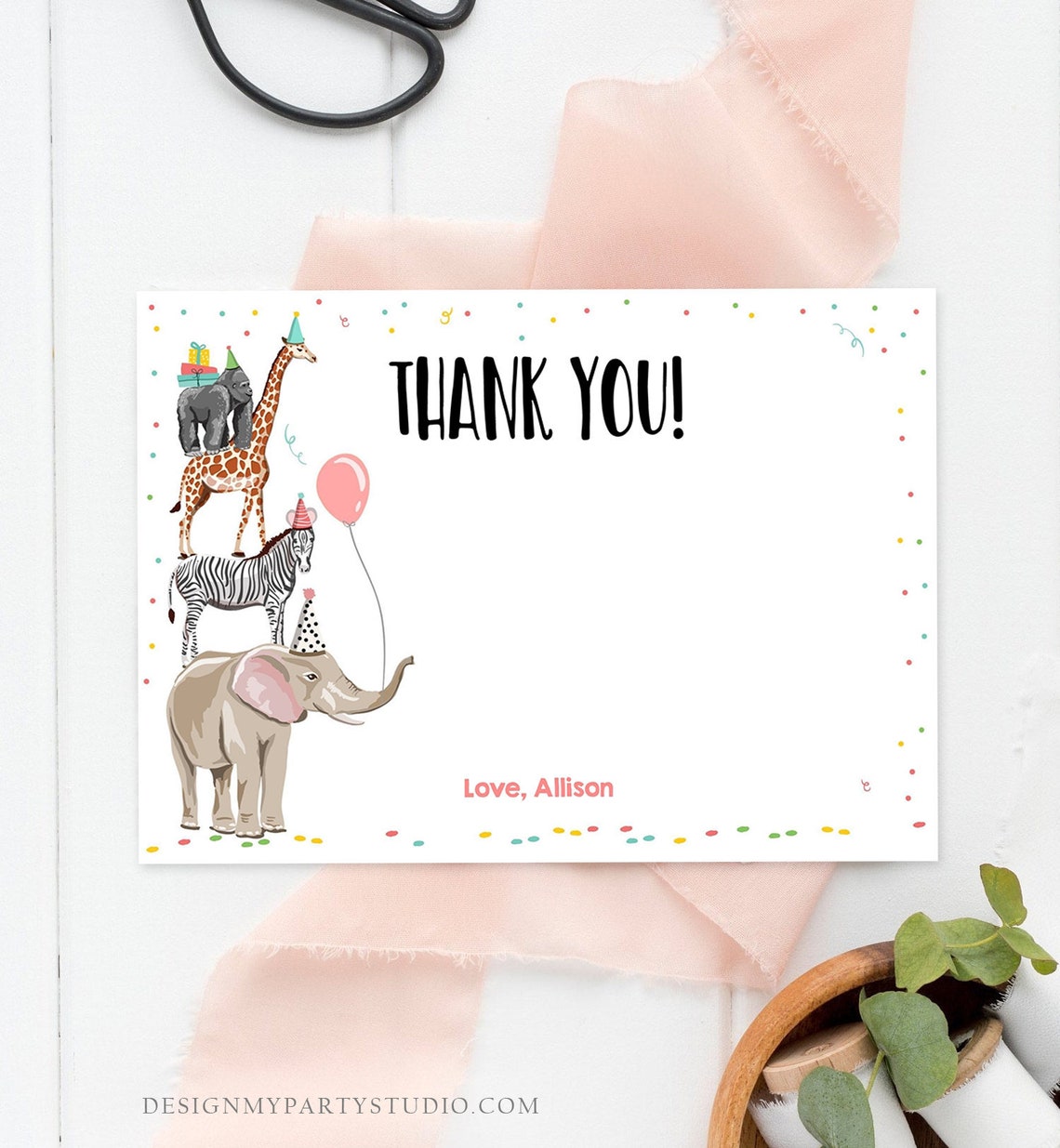 Editable Party Animals Thank You Card Note Wild One Safari - Etsy