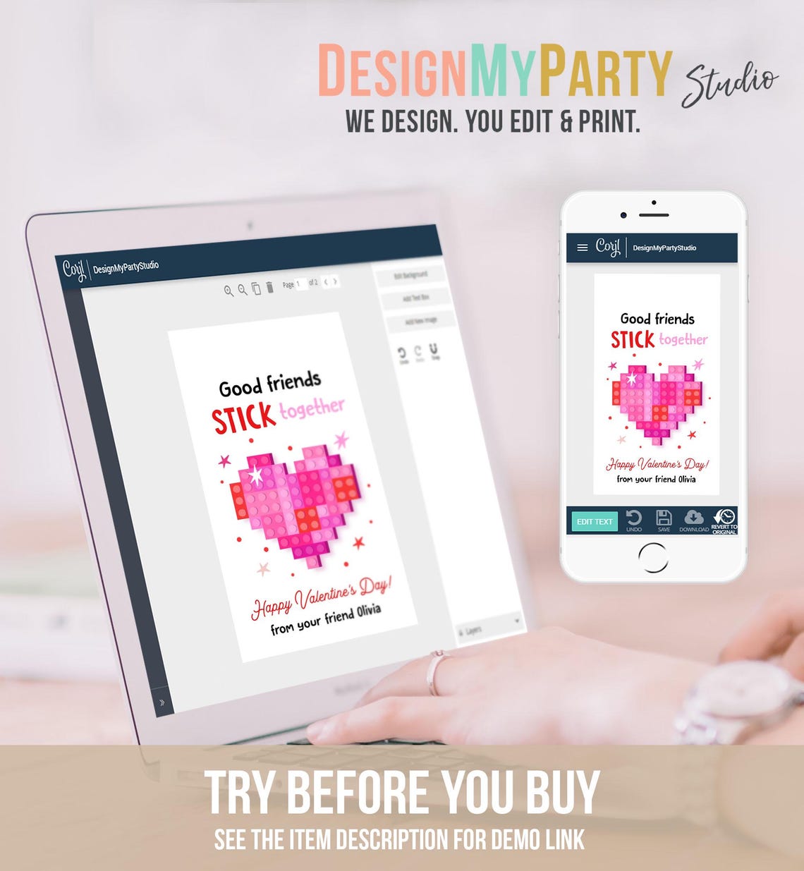 Editable Valentines Day Gift Tag Building Blocks Non Candy Treat Stick ...