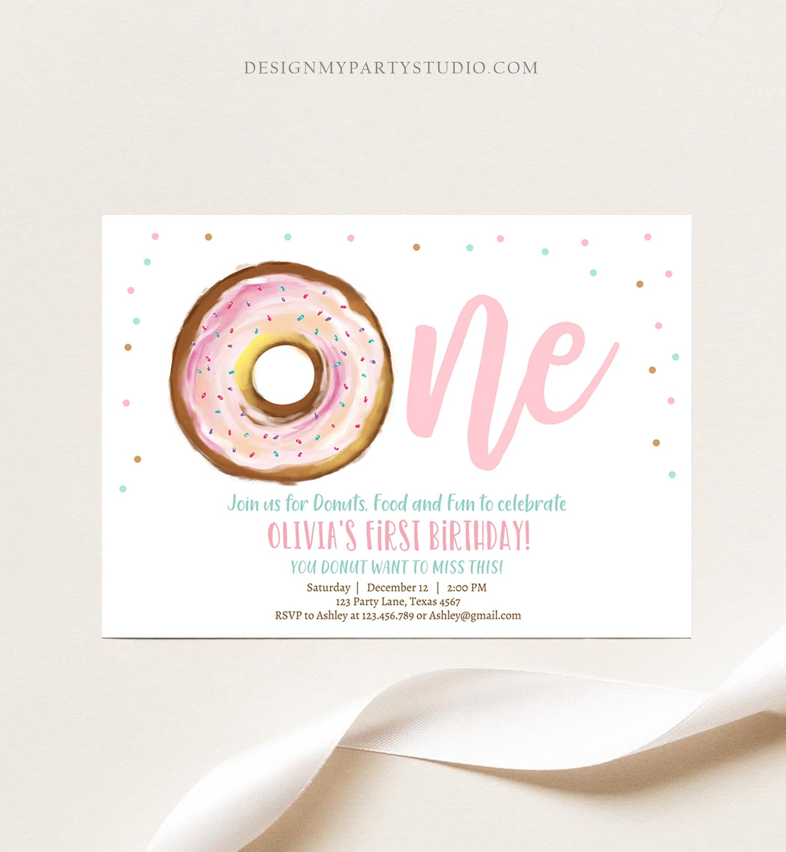 Editable Donut 1st Birthday Invitation First Birthday Invite Pink Donut ...